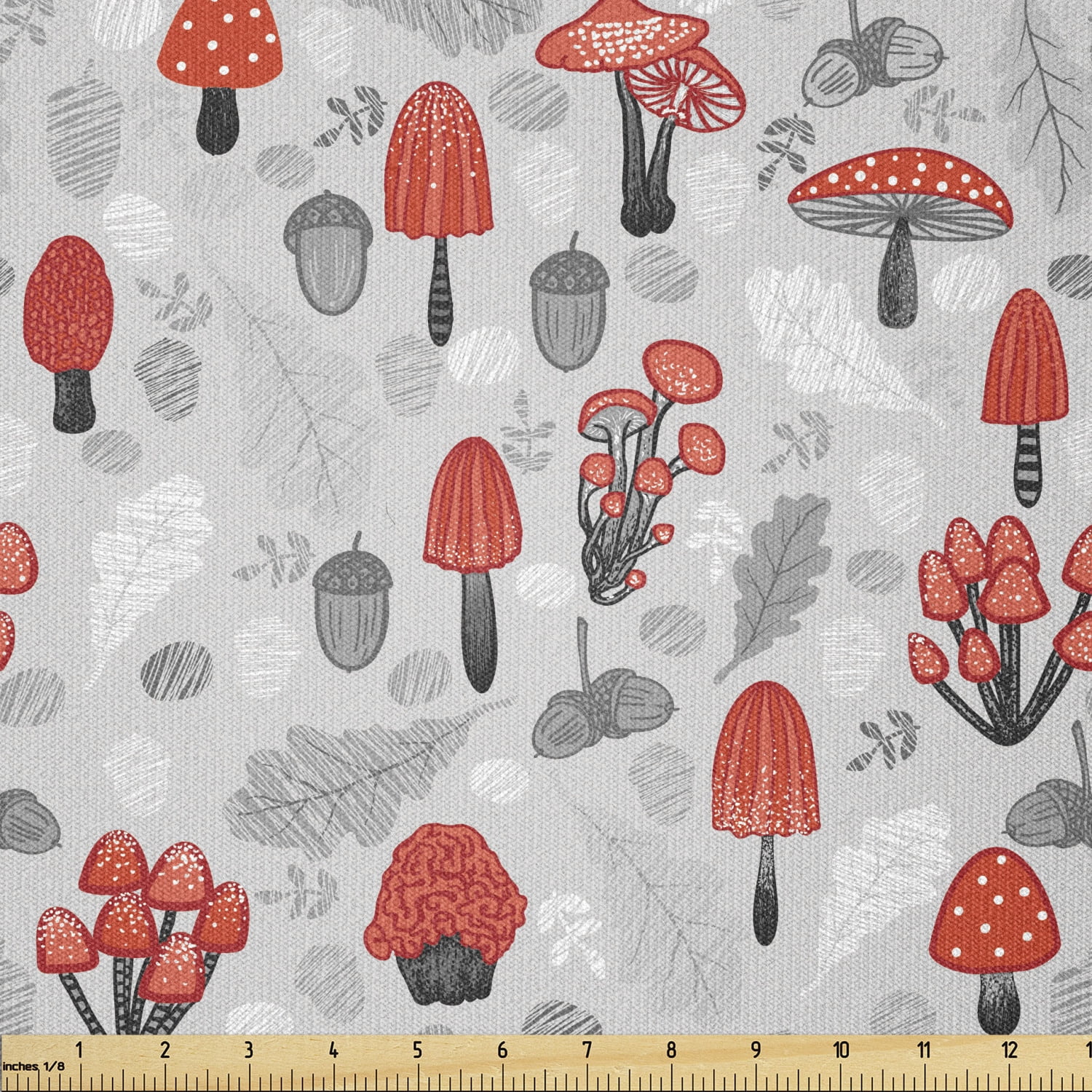 Mushroom Fabric by The Yard, Sketch Style Woodland Flora Pattern with Greyscale Background ...
