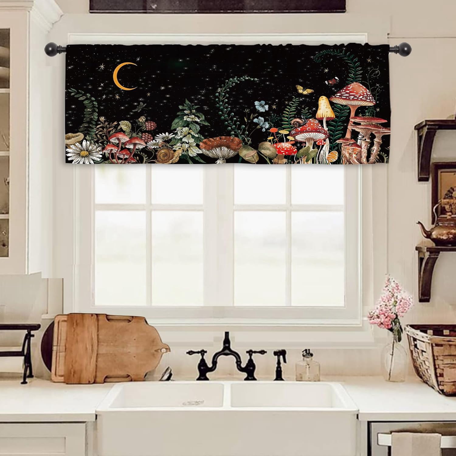 Mushroom Fairy Kitchen Curtain Valance 54W x 18H Rod Pocket Black Night ...