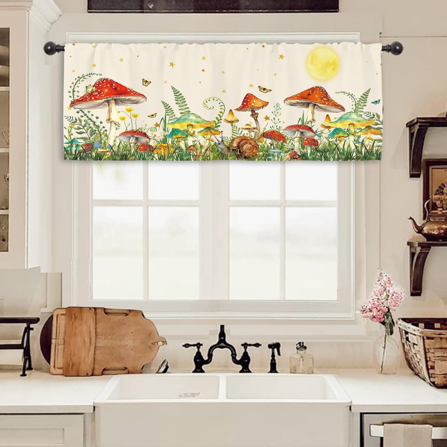 Mushroom Fairy Kitchen Curtain Valance 54W x 18H Rod Pocket Leaves Plant Botanical Cottagecore ...