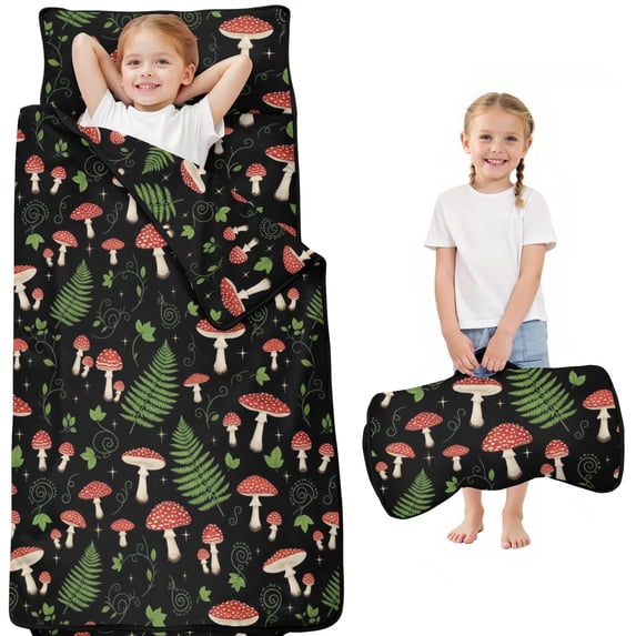 Mushroom and Fern Black Pattern Kids Nap Mat, Daycare Sleep Mat with ...