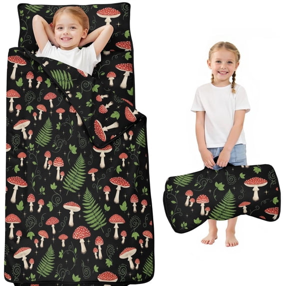 Mushroom and Fern Black Pattern Kids Nap Mat, Sleeping Mat with ...