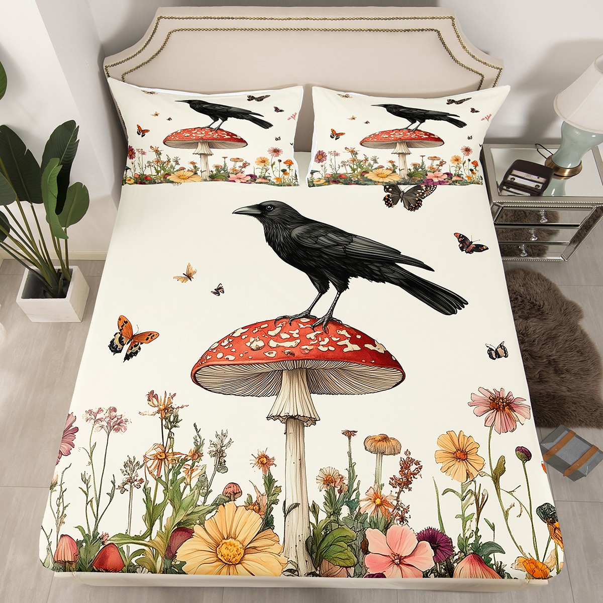 Mushroom Fitted Sheet Black Crow Bed Sheets,Botanical Flowers Printed ...