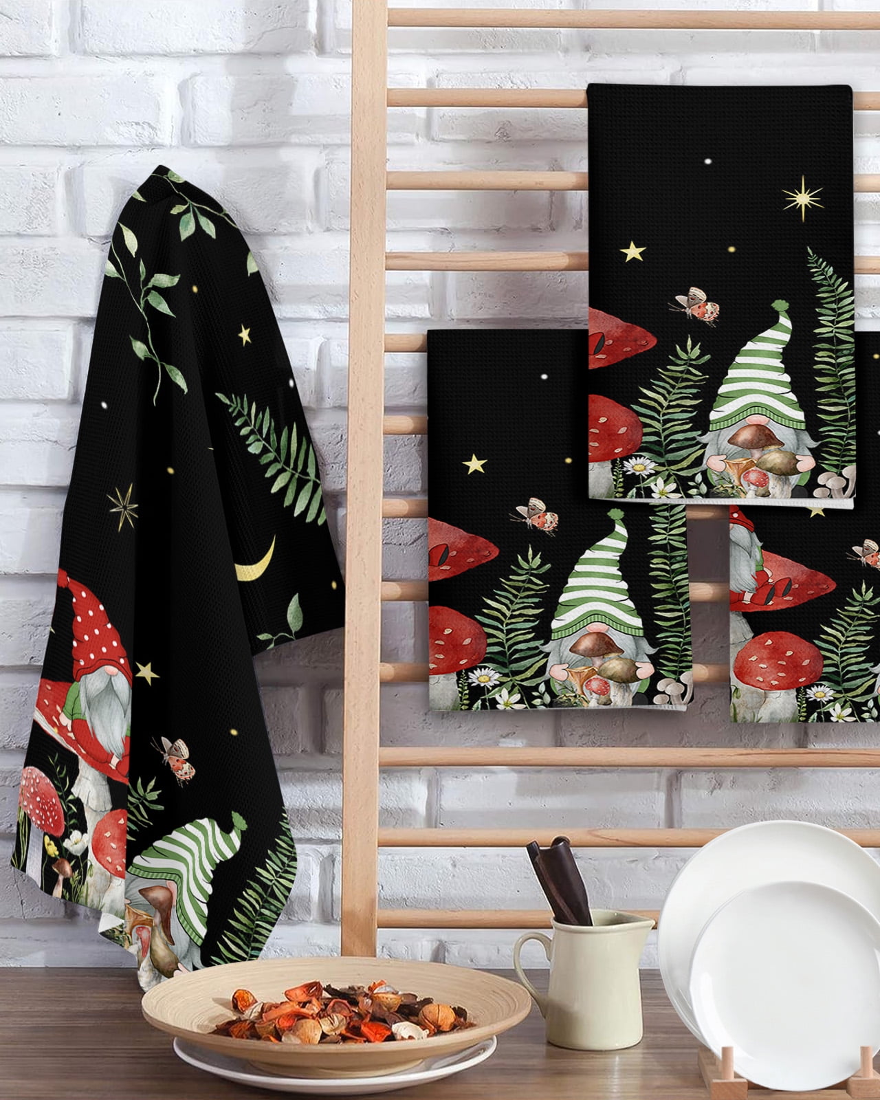 Mushroom Flower Plant Moon Black Dwarf Tea Towels Absorption Walf Checks Kitchen Cleaning Towel ...