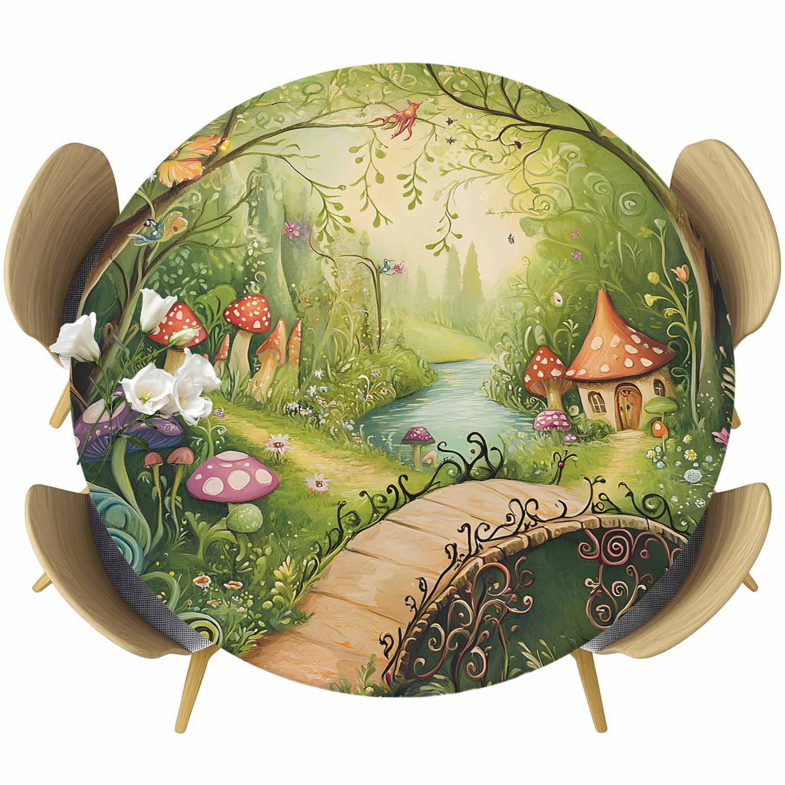 Mushroom Forest Round Tablecloth, Fitted Table Cover with Elastic for ...