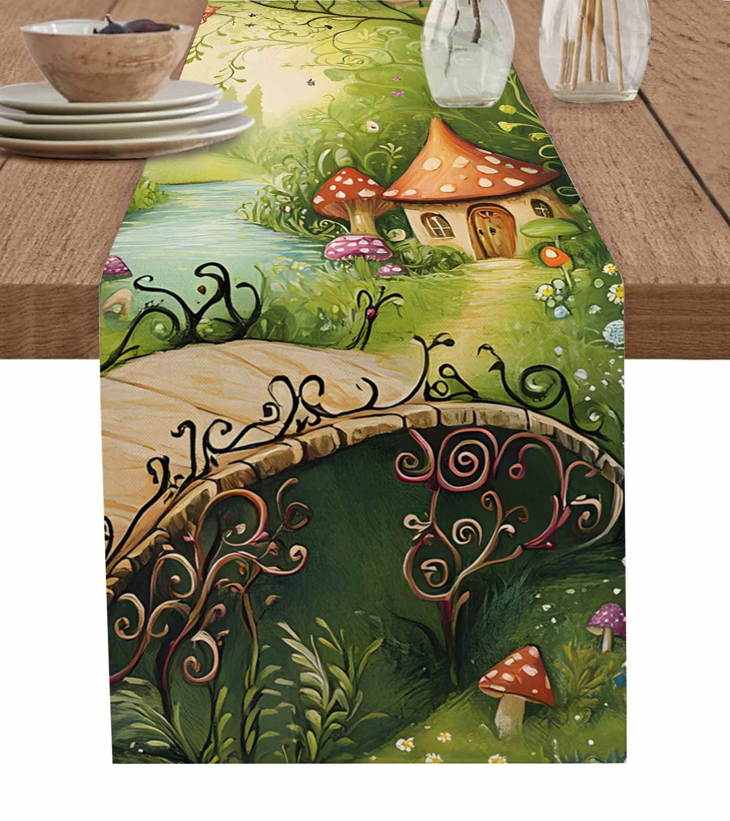 Mushroom Forest Table Runner 120 Inches, Green Fantasy Cottage Vintage ...