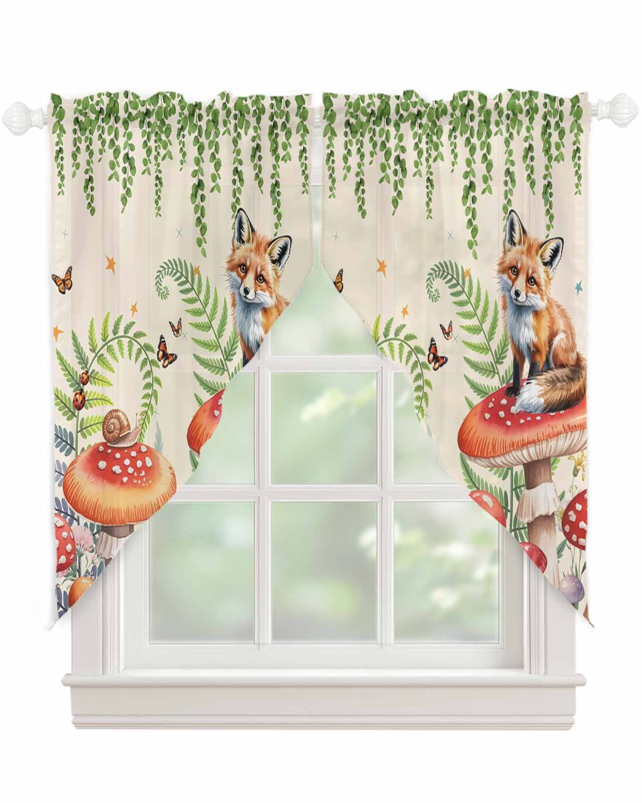 Mushroom Fox Swag Valances for Windows, Green Leaf Butterfly Red Retro ...