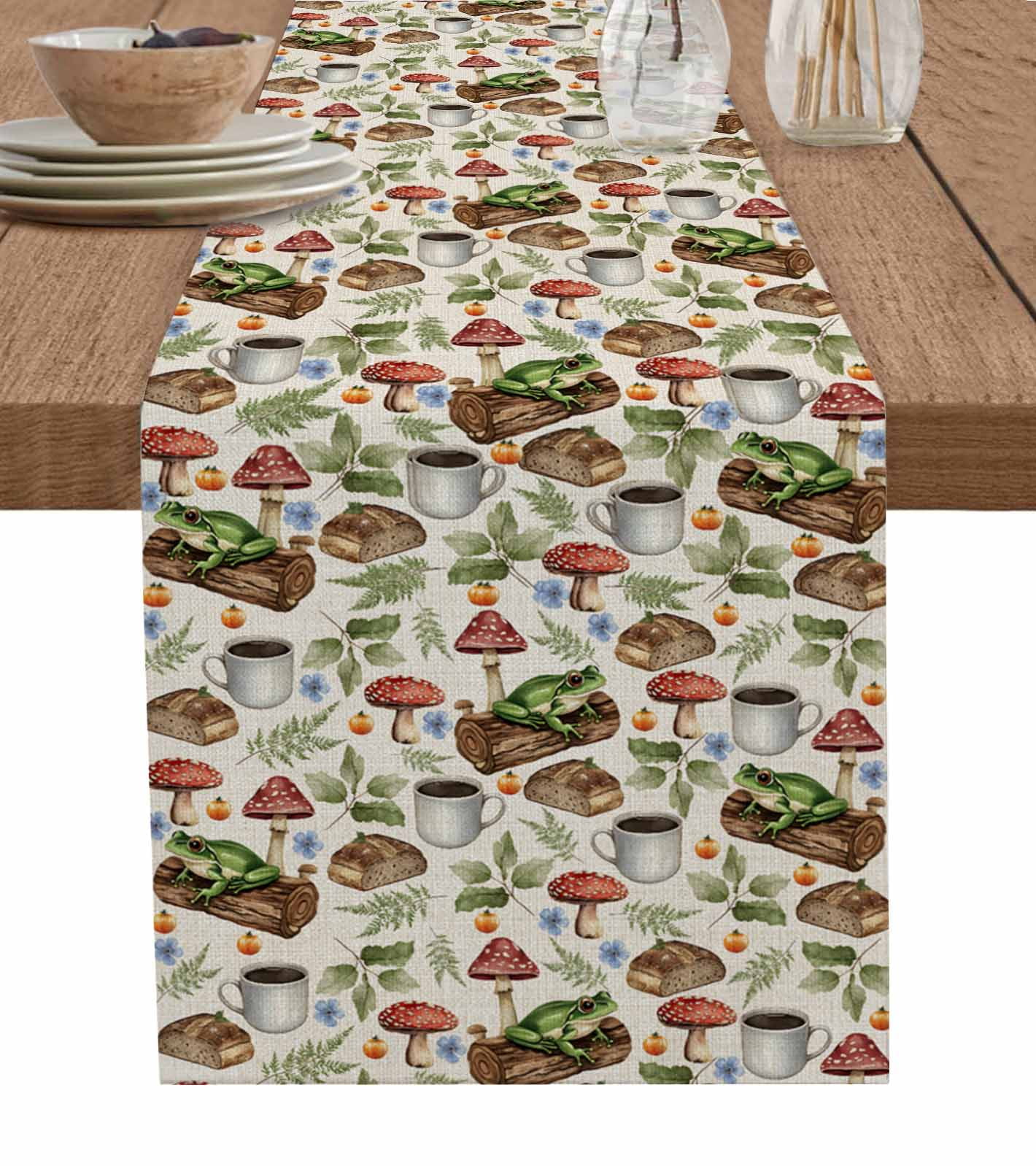 Mushroom Frog Table Runner 36 Inches, Sage Green Leaf Brown Retro ...