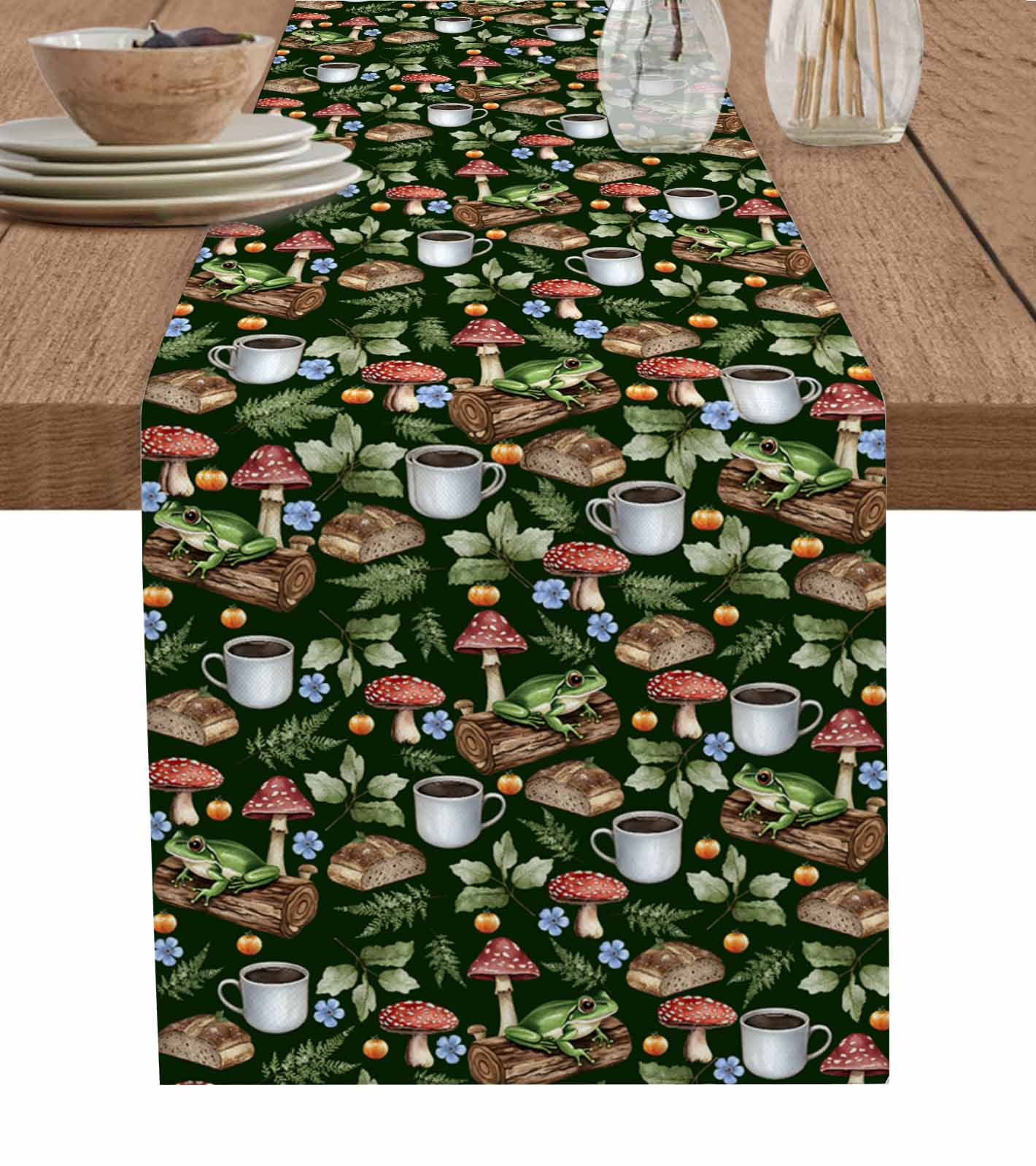 Mushroom Frog Table Runner 72 Inches, Coffee Bread Dark Green ...