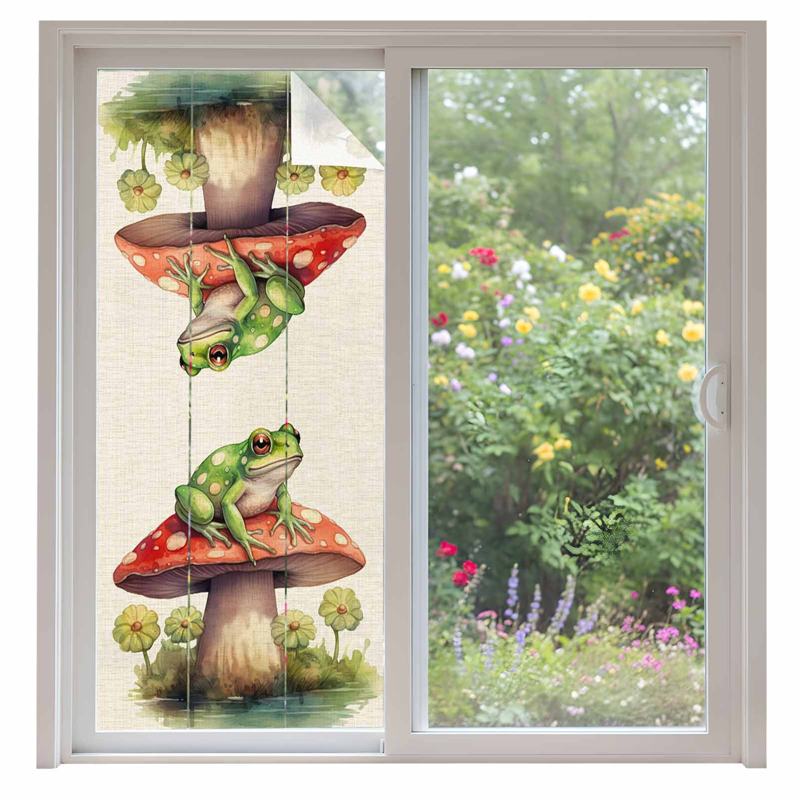 Mushroom Frogs Window Privacy Film, Spring Floral Green Botanical ...