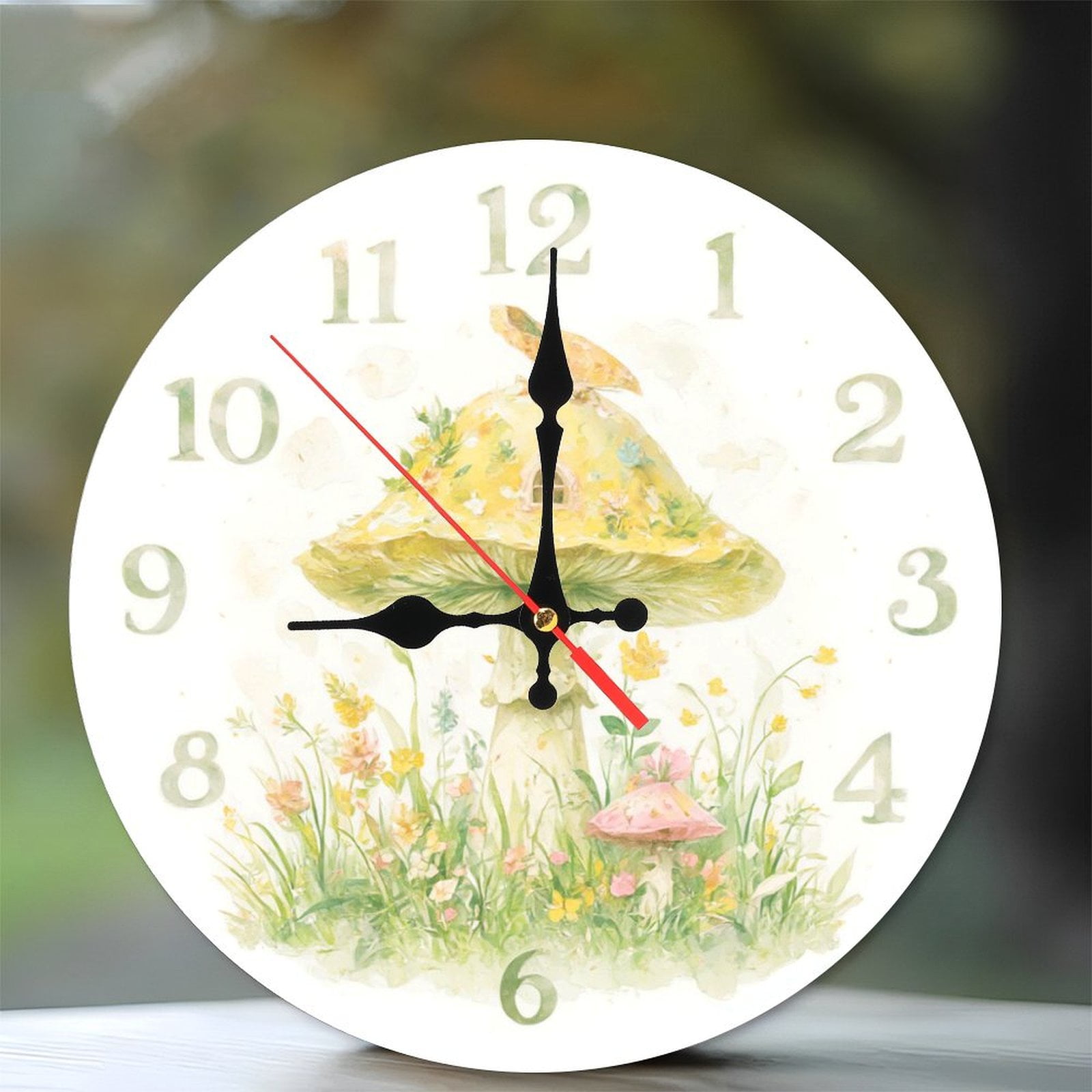 Mushroom House Wall Clock Cute Fairy Garden Floral Decor 10-Inch Silent ...