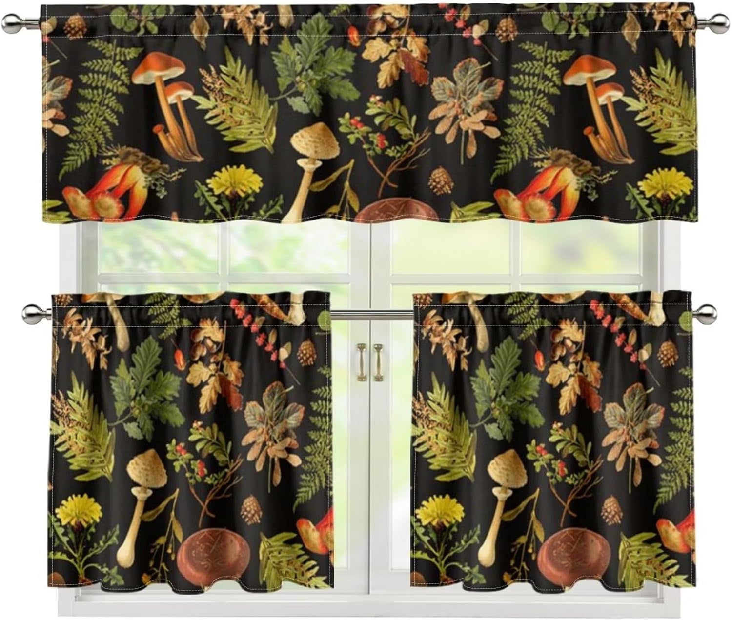 Mushroom Kitchen Curtain Valance Set Short Tier Curtains Cafe Curtains ...