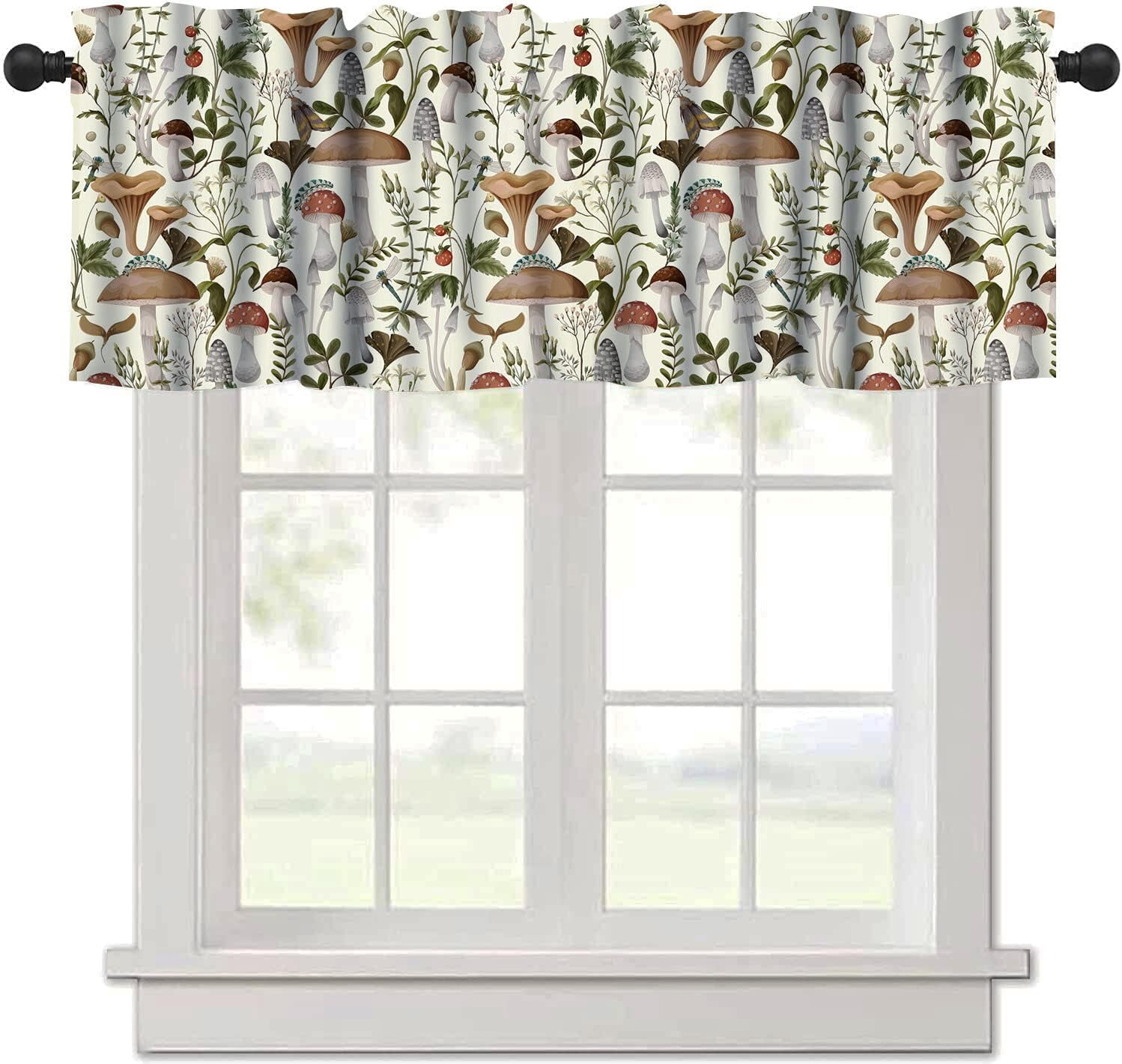 Mushroom Kitchen Curtains, Botanical Wild Herbs Leaves Valance for ...