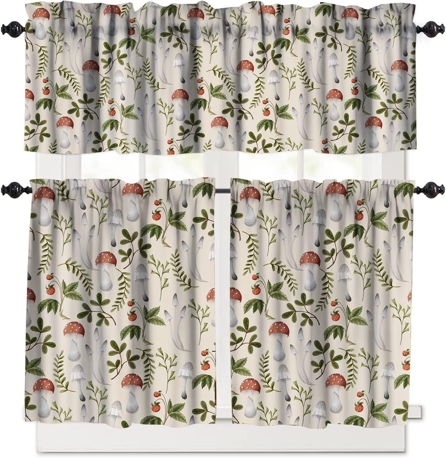 Mushroom Kitchen Curtains, Botanical Wild Herbs Leaves Valance Sets for ...