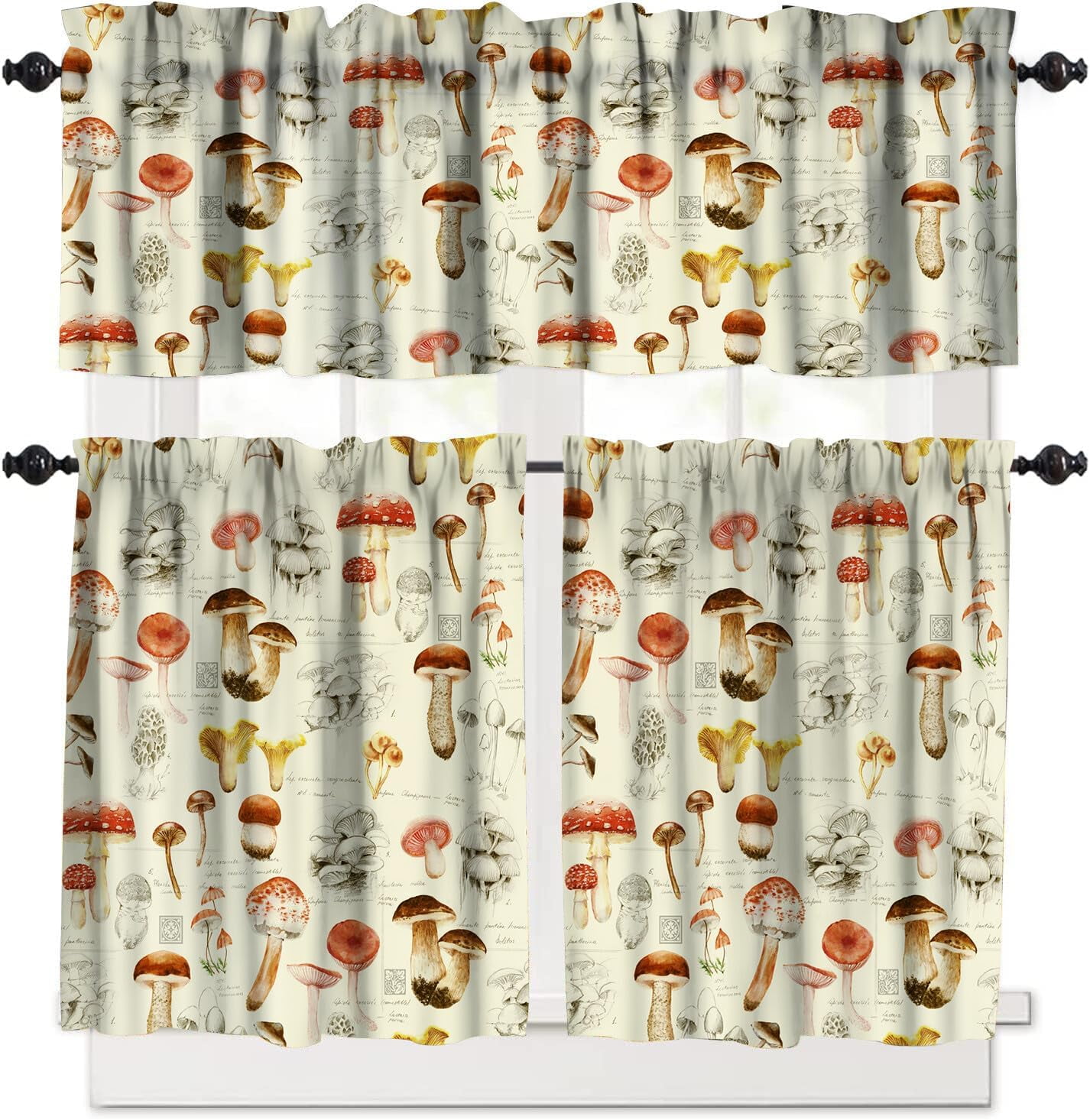 Mushroom Kitchen Curtains, Botanical Wild Herbs Leaves Valance Sets for ...