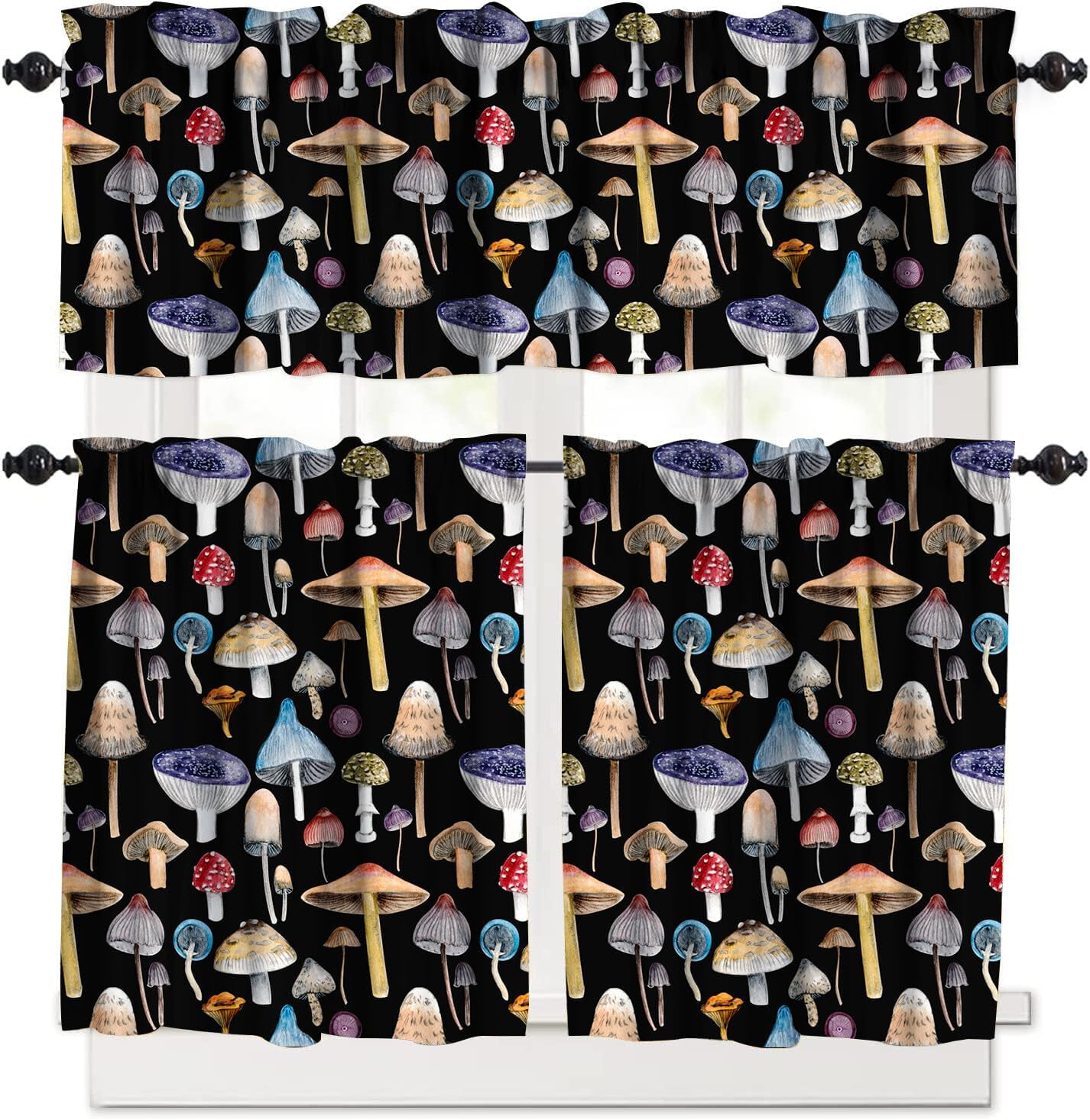 Mushroom Kitchen Curtains, Botanical Wild Herbs Leaves Valance Sets for ...
