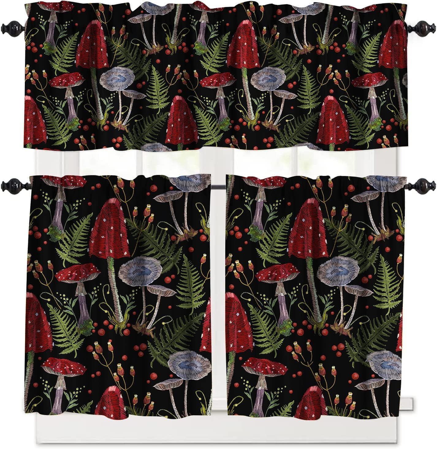 Mushroom Kitchen Curtains, Botanical Wild Herbs Leaves Valance Sets for ...