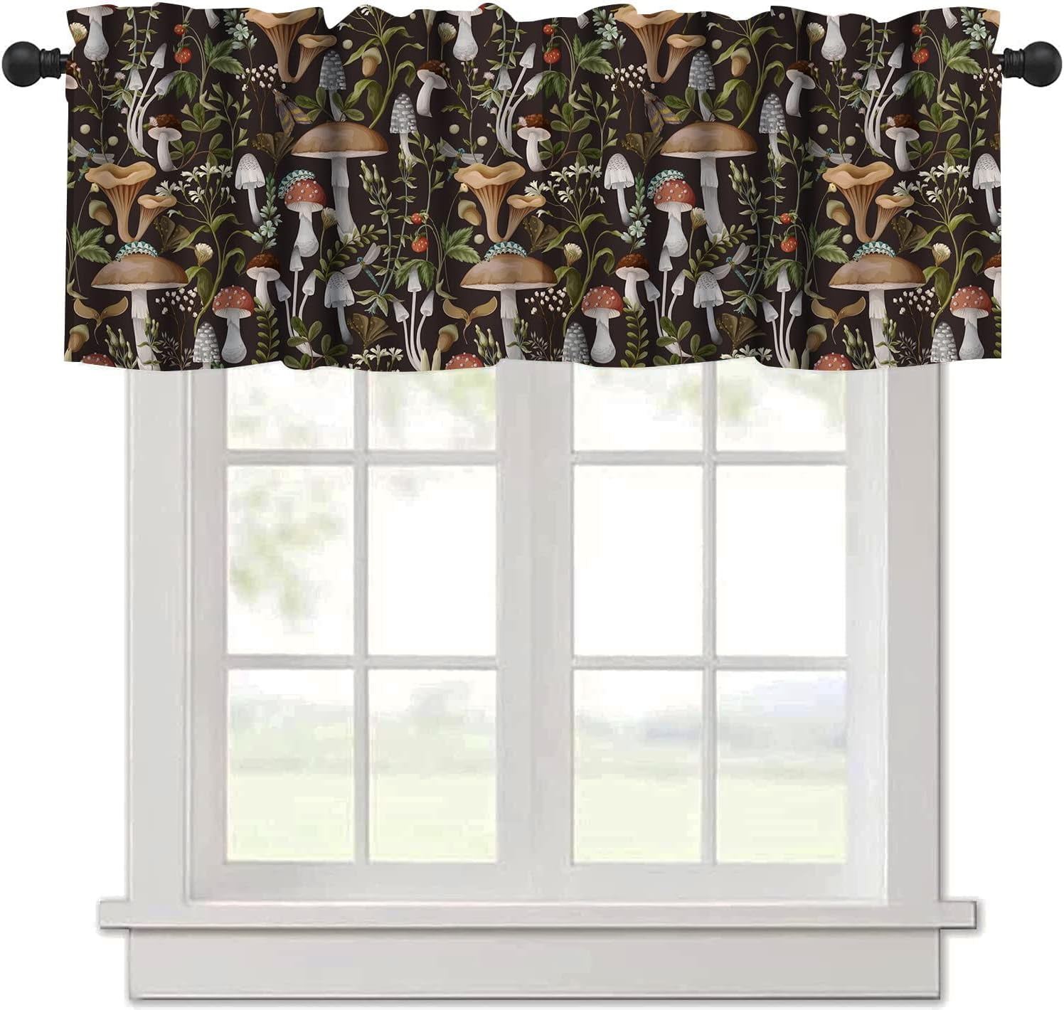 Mushroom Kitchen Curtains, Botanical Wild Herbs Leaves Valance for ...