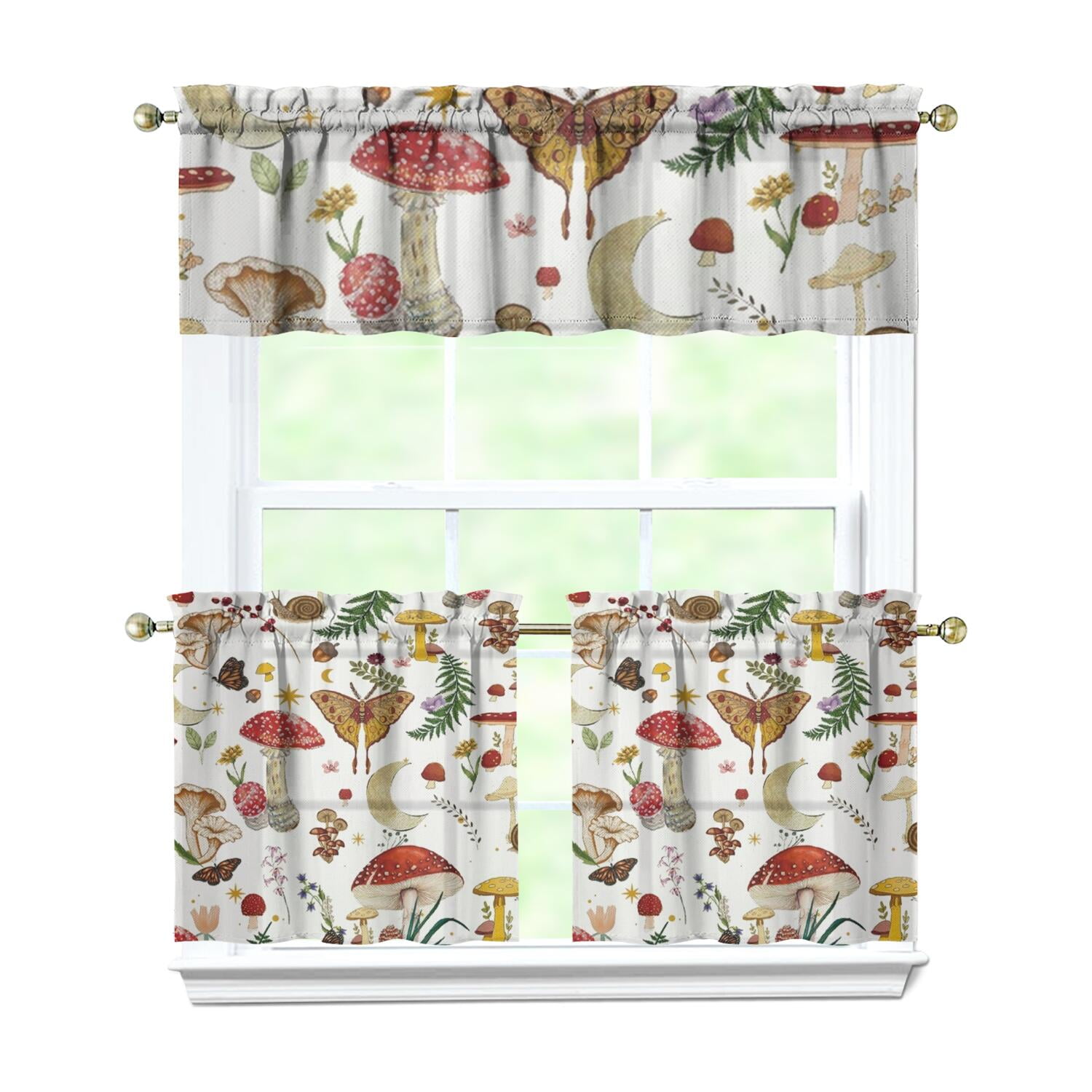 Mushroom Kitchen Curtains Set, Boho Mushroom Rod Pocket Tier and ...