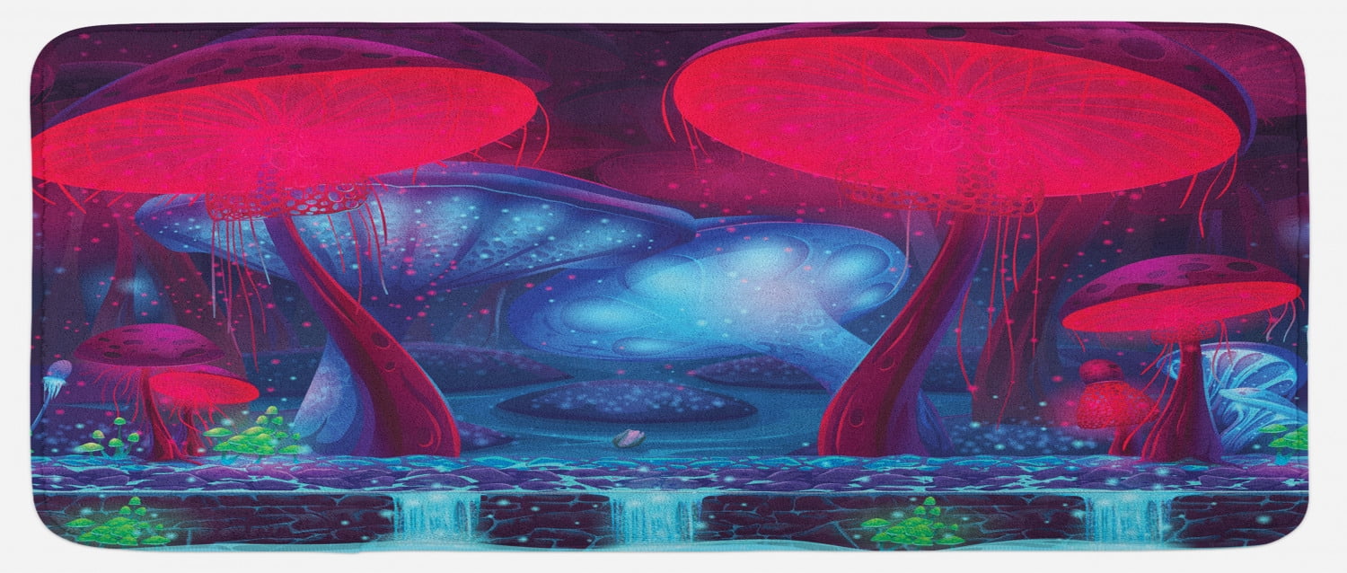 Mushroom Kitchen Mat, Magic Mushrooms with Vibrant Neon Design Graphic ...