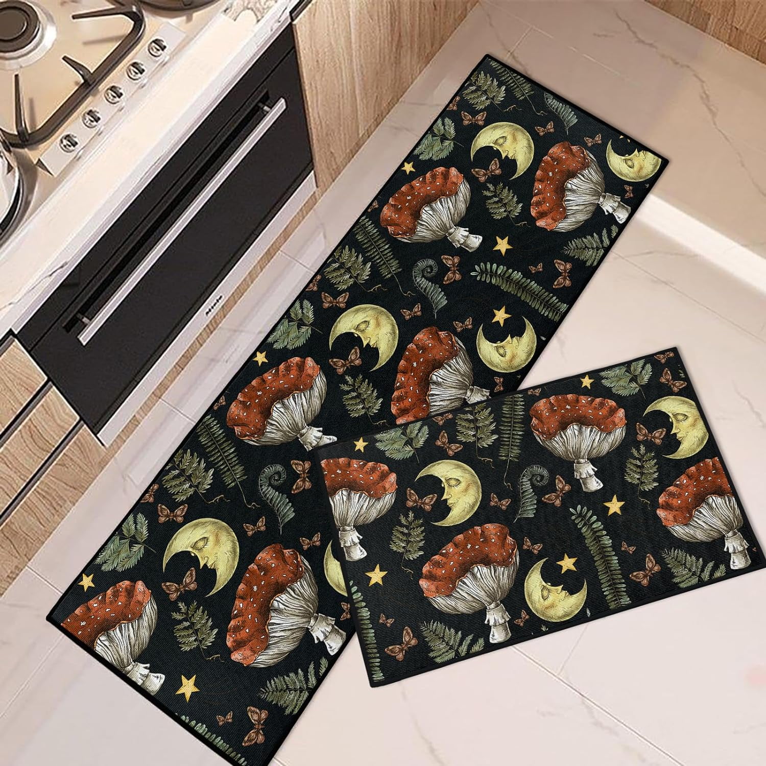 Mushroom Kitchen Rugs and Mats Non Skid Washable Set of 2, Vintage Boho ...