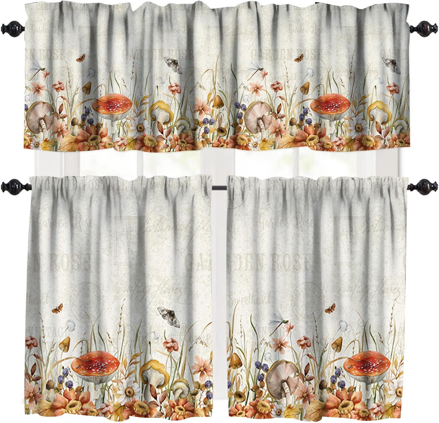 Mushroom Kitchen Valance Set of 3,Watercolor Autumn Farmhouse Rustic ...