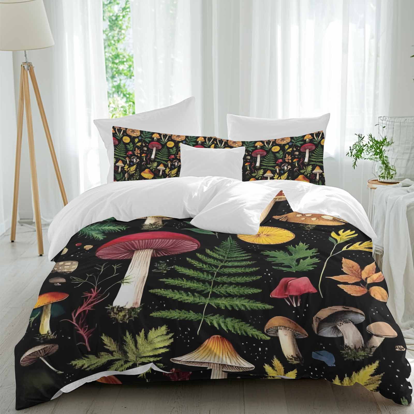 Mushroom Leaf Duvet Cover Set Full Size, Fern Plant Retro Black ...