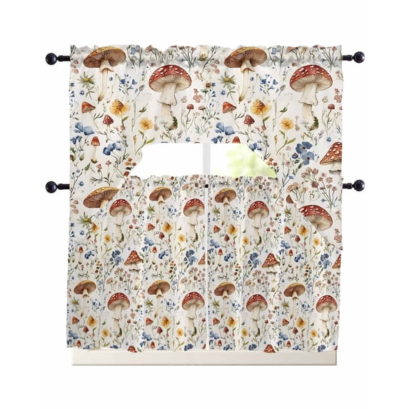 Mushroom Leaves Swag Valance and Tier Curtains Set Watercolor Herbal ...