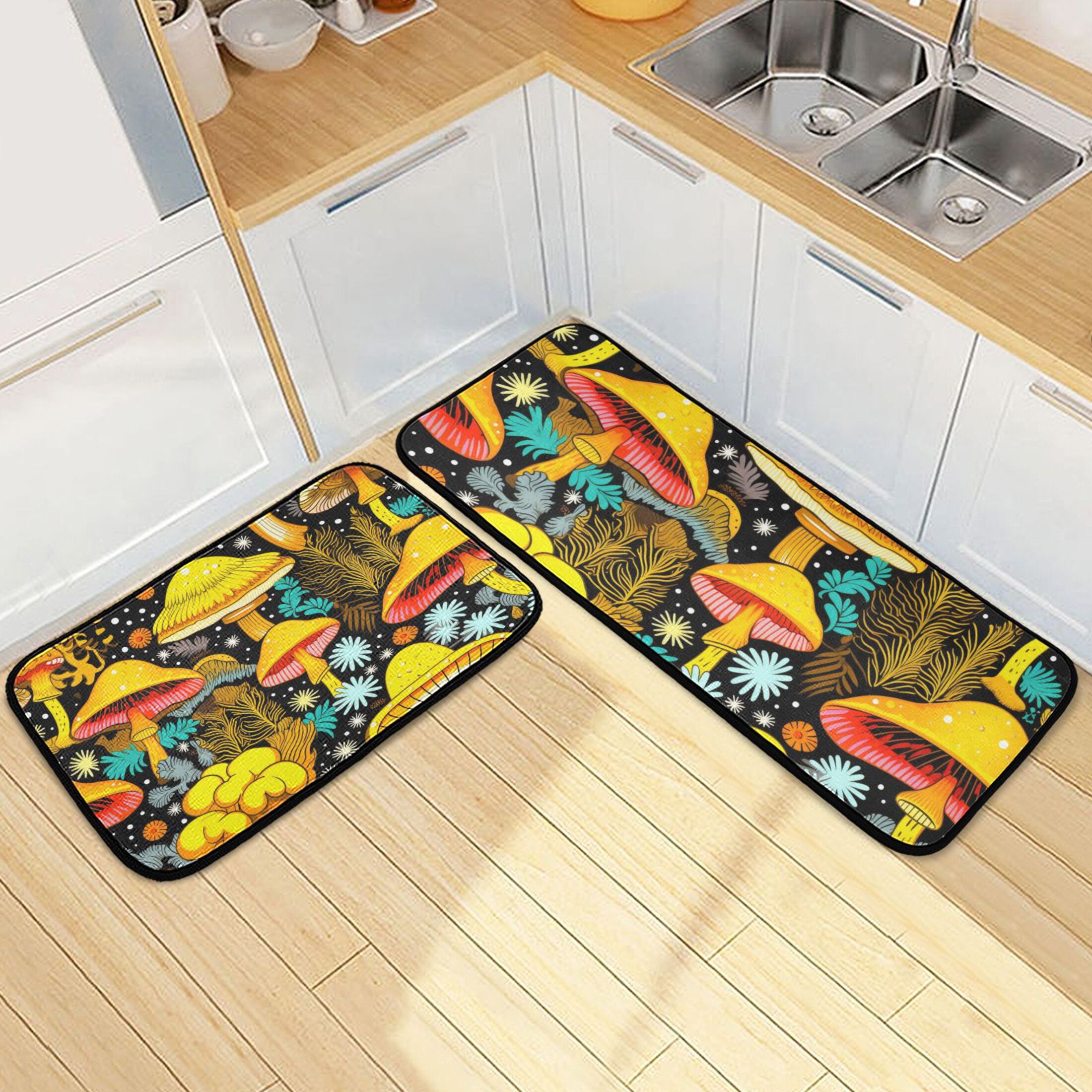 Mushroom Magic Beautiful Kitchen Rugs Set of 2 Non Slip Floor Foam Mat ...