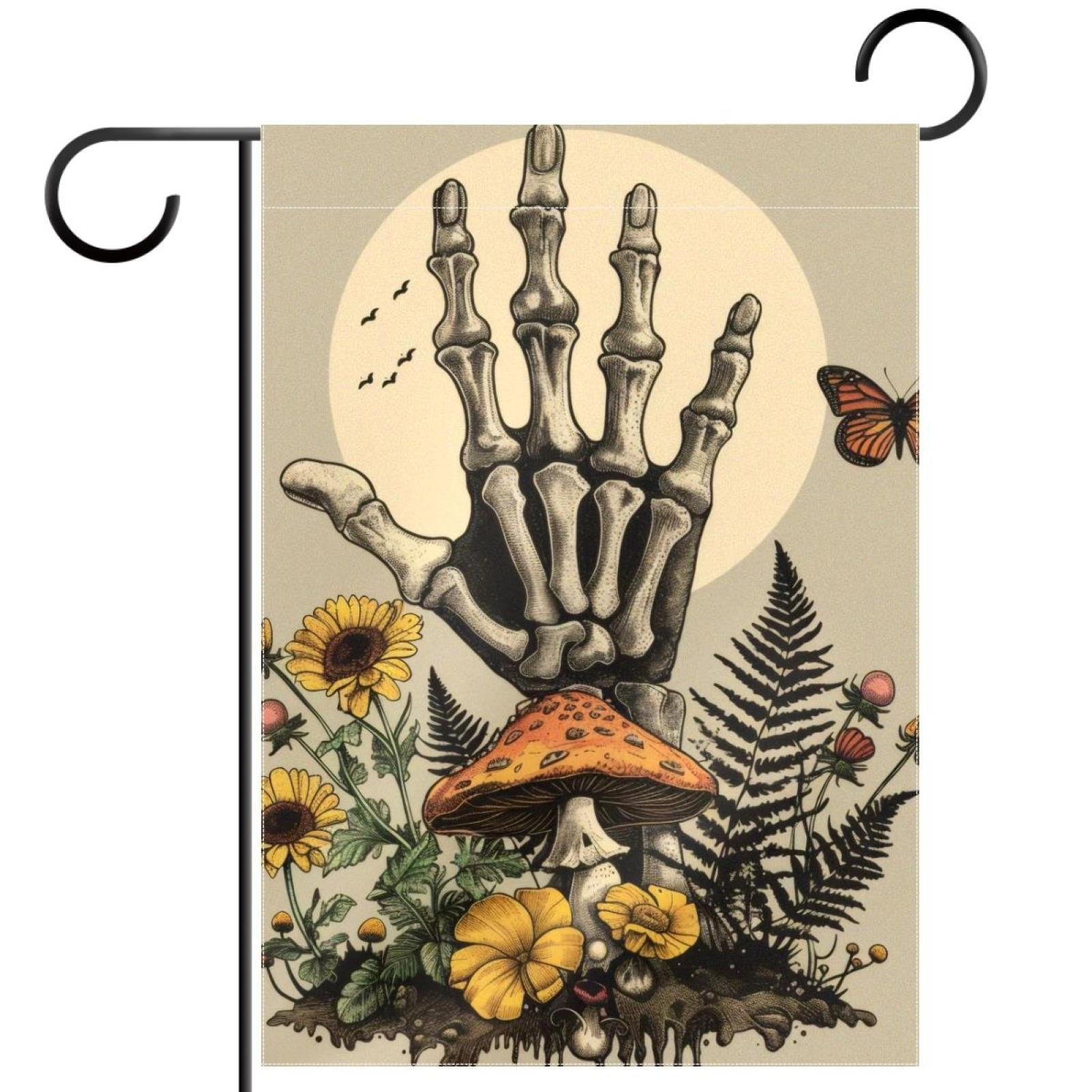 Mushroom Moon Phase Skeleton Hand Plants Butterfly Welcome Garden Flags ...