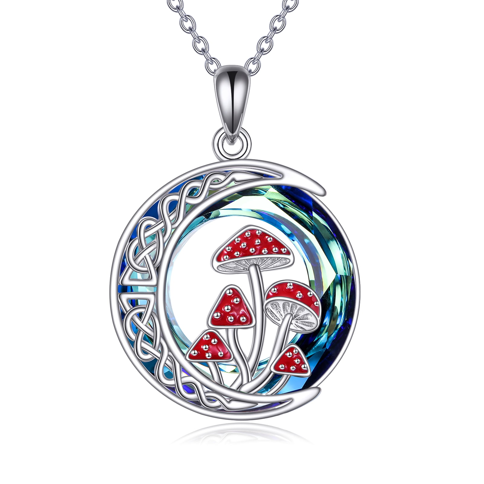 Mushroom Necklace Sterling Silver Celtic Knot Moon Pendant Blue Crystal ...