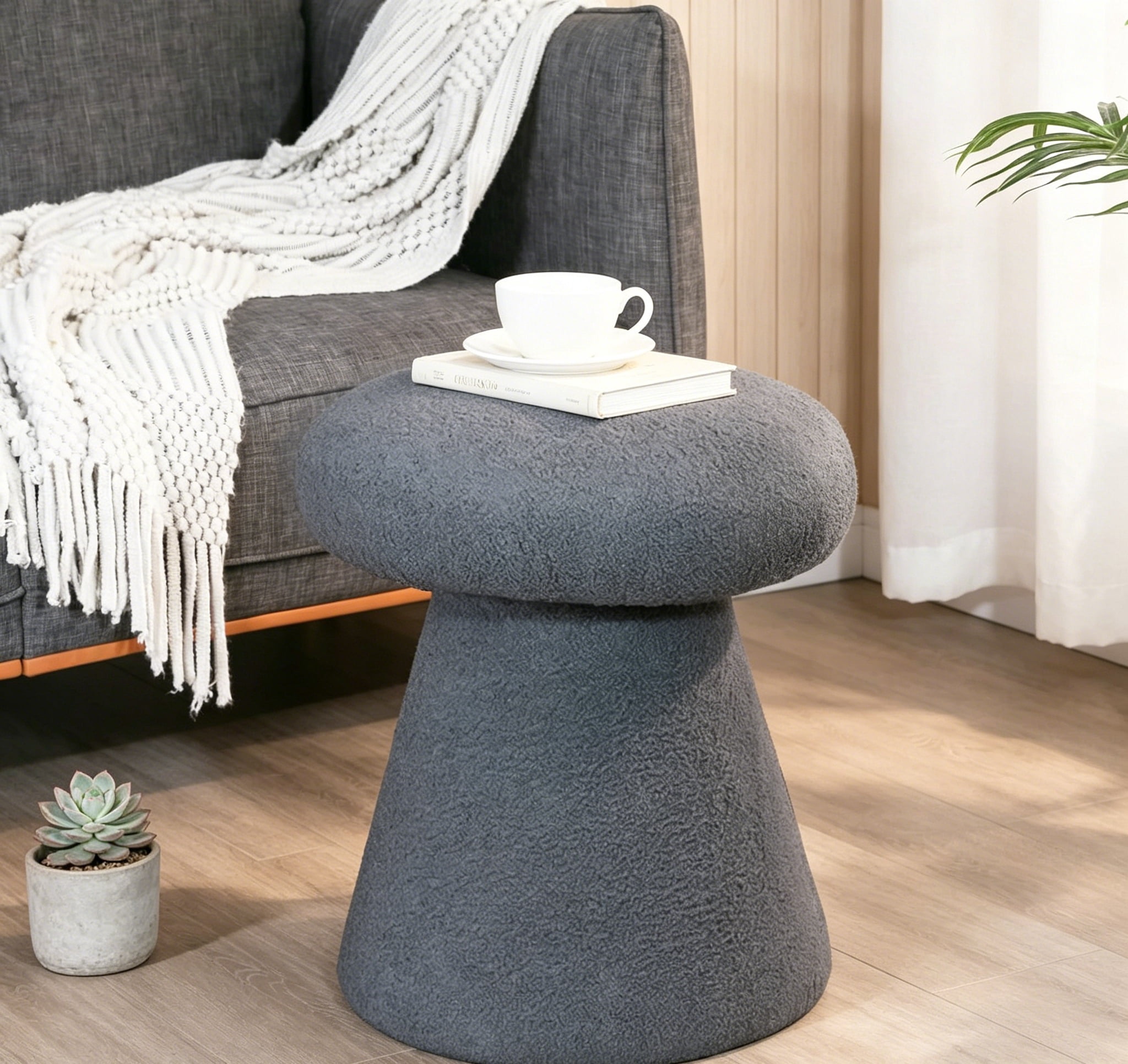 Mushroom Ottoman, 18” Boucle Foot Stool for Living Room & Bedroom, Cute ...