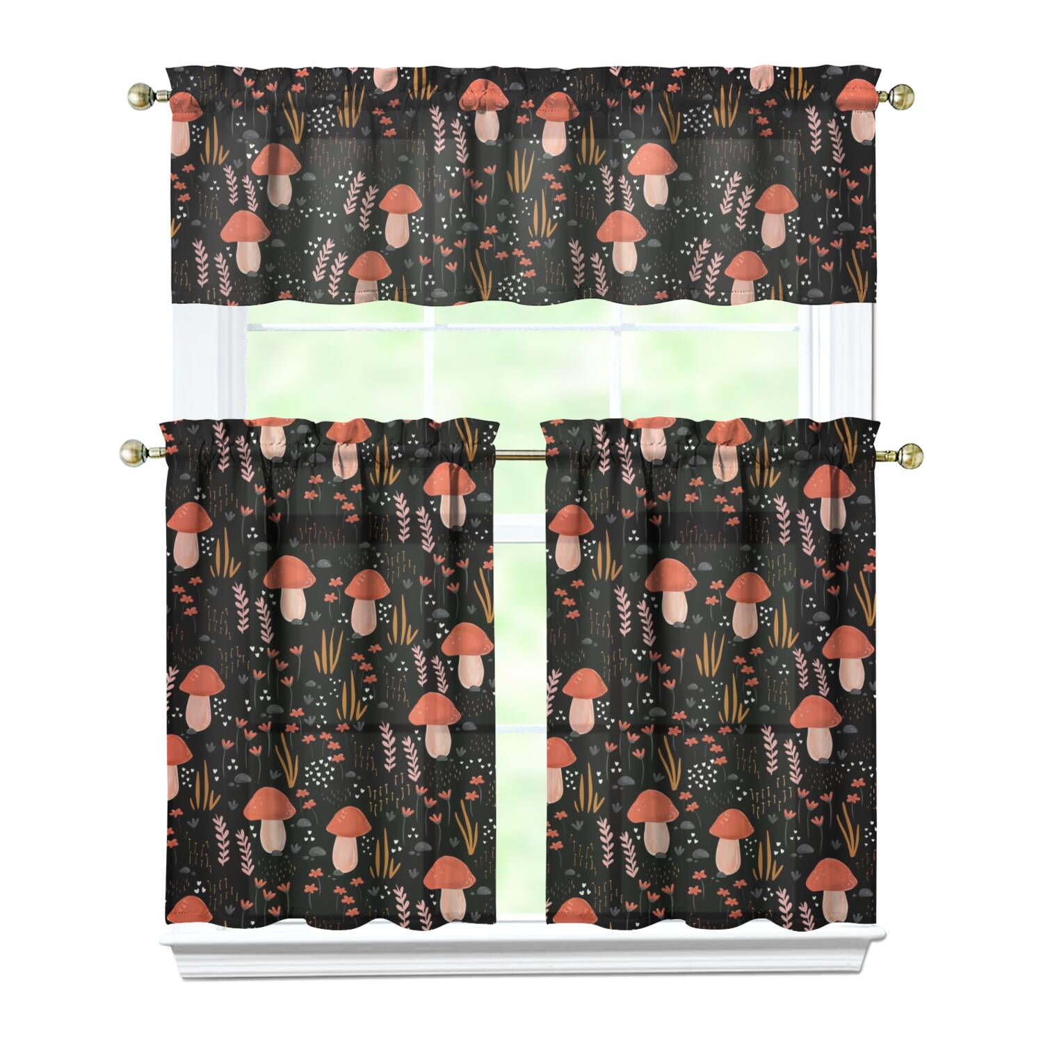 Mushroom Pattern Kitchen Curtains Valance and Tier Set 27.5x36in ...