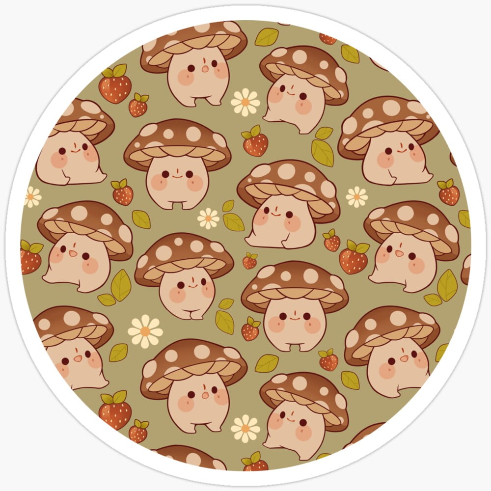 Mushroom Pattern With Strawberries And Daisies Green Sticker Phone Decal Water Bottle Stickers ...