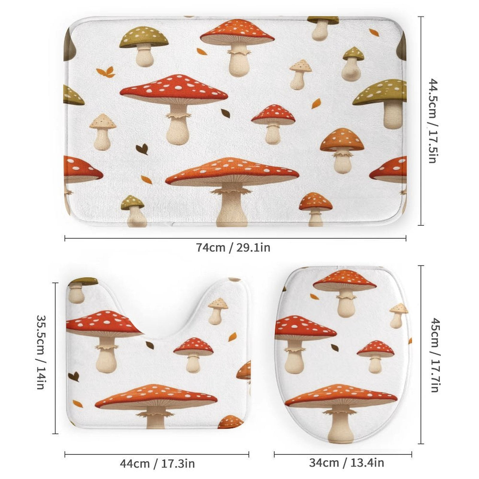 Mushroom Pattern with Leaves Bathroom Rugs Sets 3 Piece Toilet Lid ...