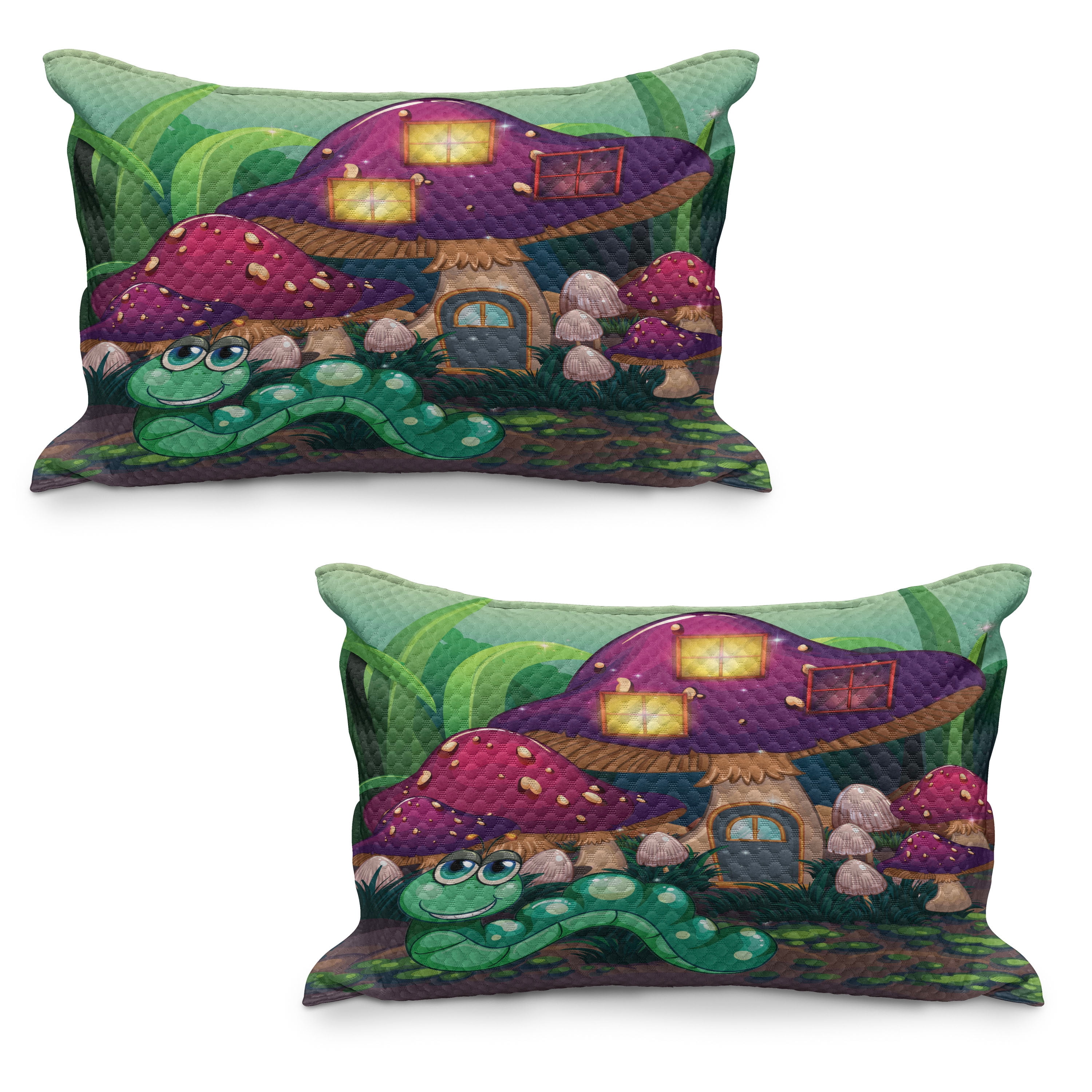 Mushroom Quilted Pillowcover Set of 2, Illustration of a Long Worm near ...