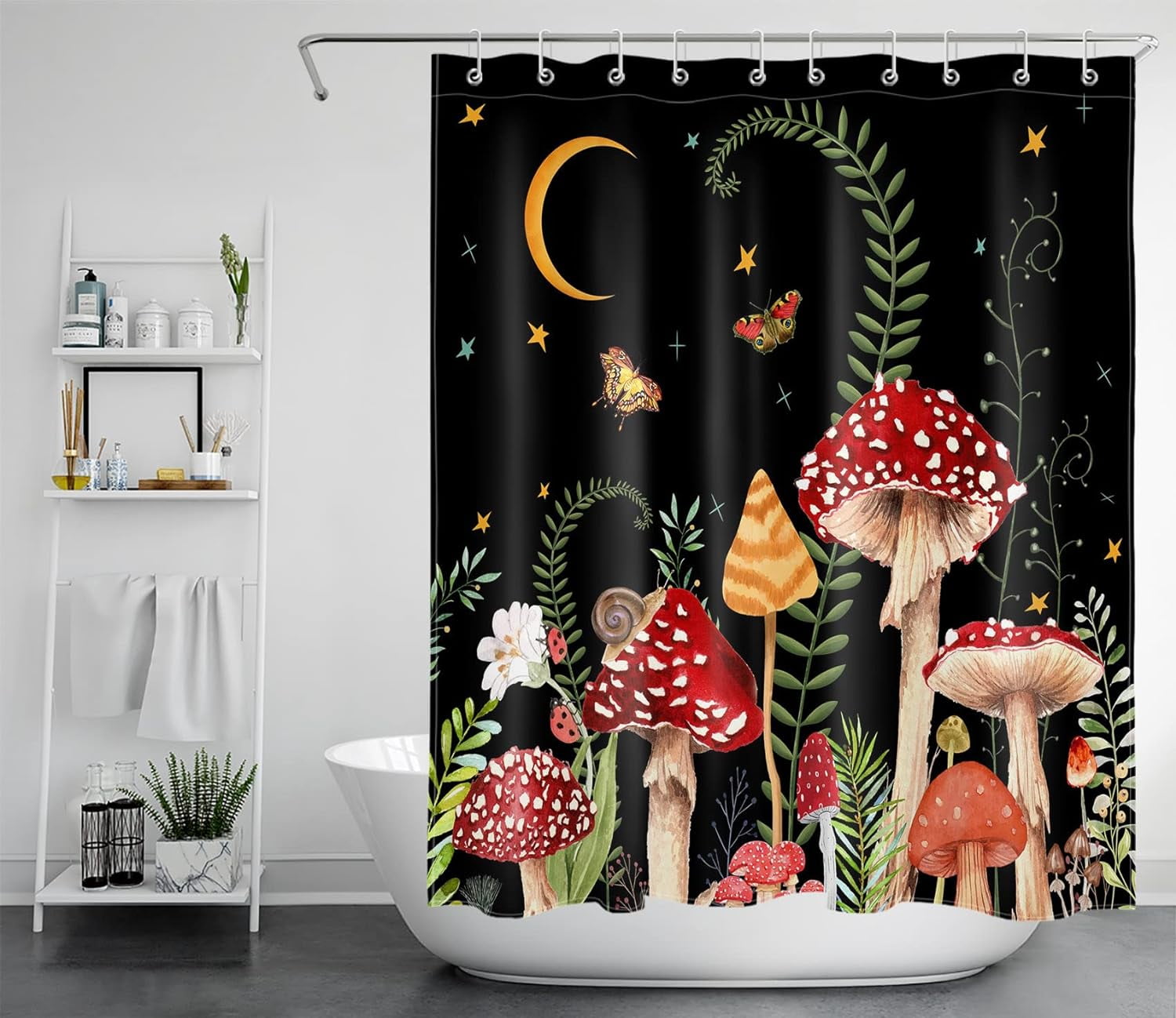 Mushroom Shower Curtain Retro Mushrooms Butterfly Floral Boho Moon Starry Night Sky Botanical ...