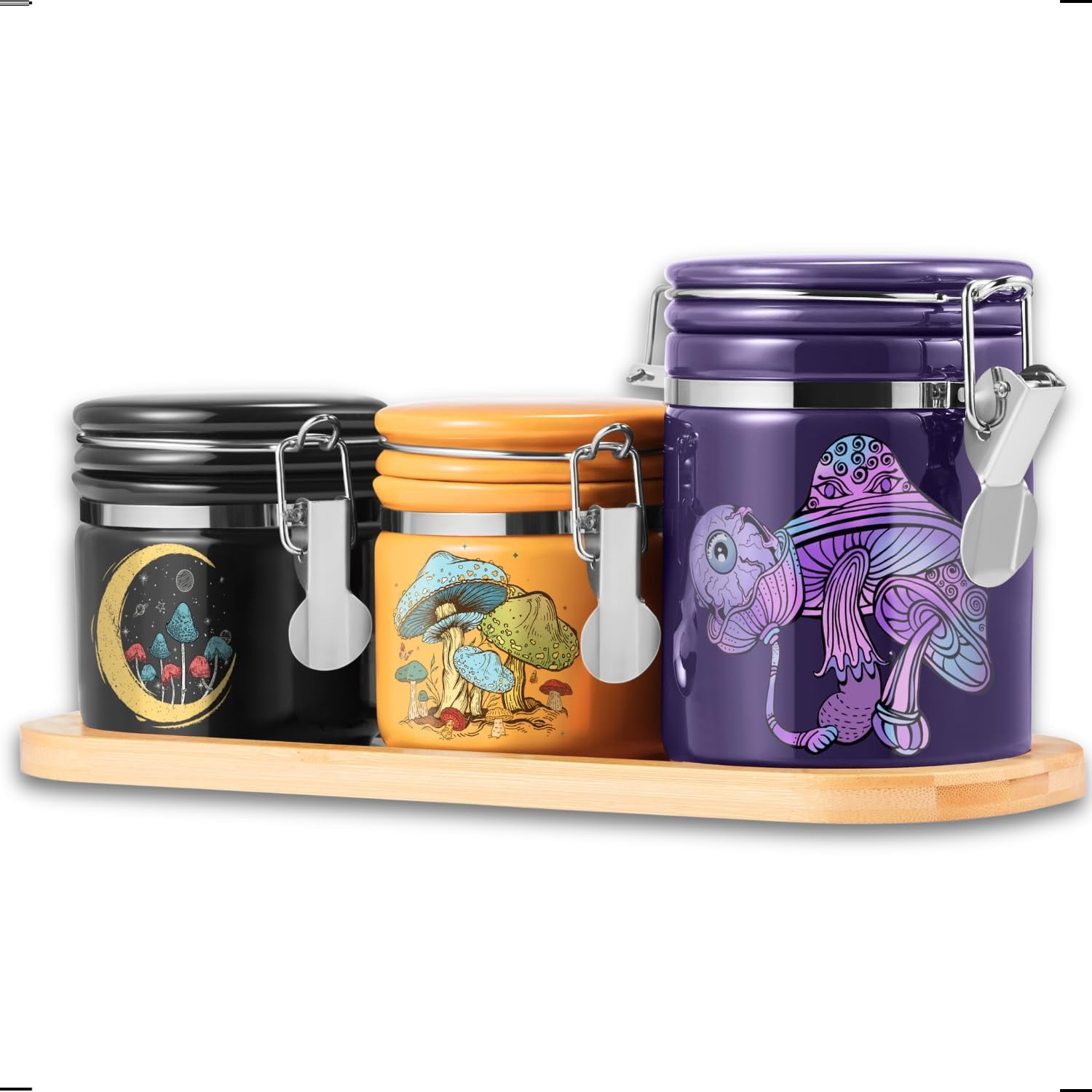 Mushroom Smell Proof Jar Bundle - 3 Pack (1L+2S), Pottery Smell Proof ...
