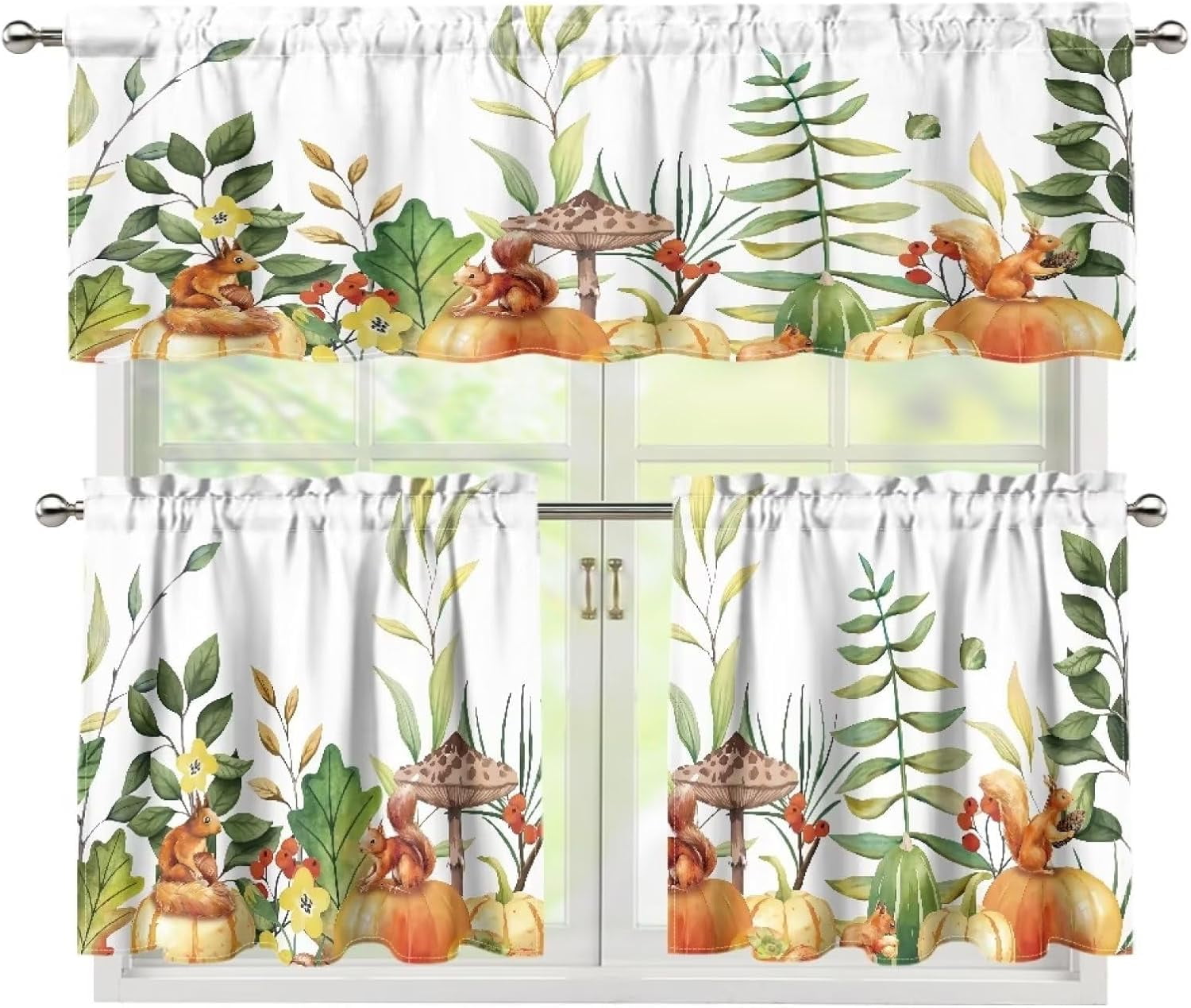 Mushroom Squirrel Kitchen Window Curtains with Valance and Tier Sets ...