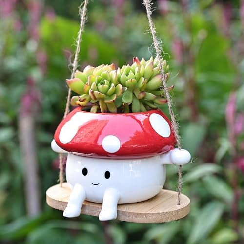 Mushroom Swing Face Planter Pot, Hanging Ceramic Flower Head Planters ...