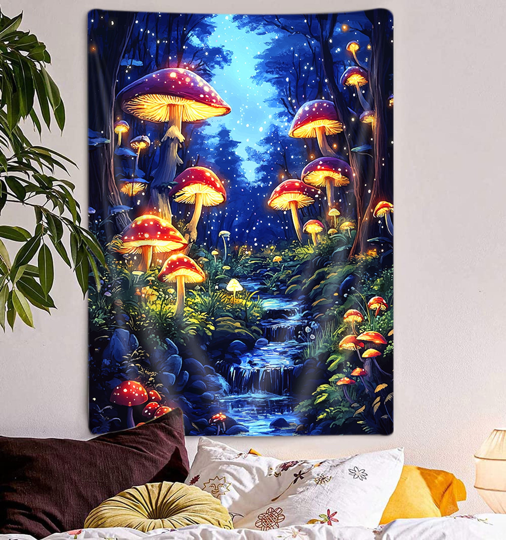 Mushroom Tapestry, Blue Fantasy Forest Tree Tapestries for Bedroom ...