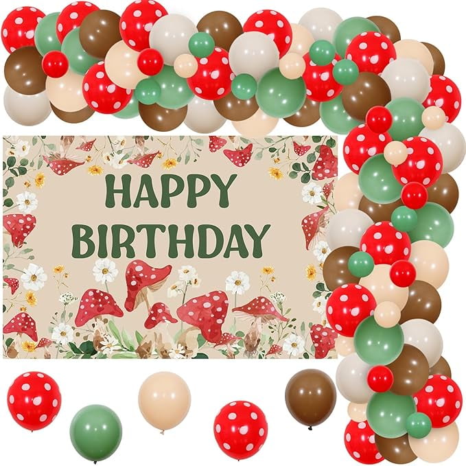 Mushroom Theme Birthday Decorations, Forest Happy Birthday Backdrop and ...