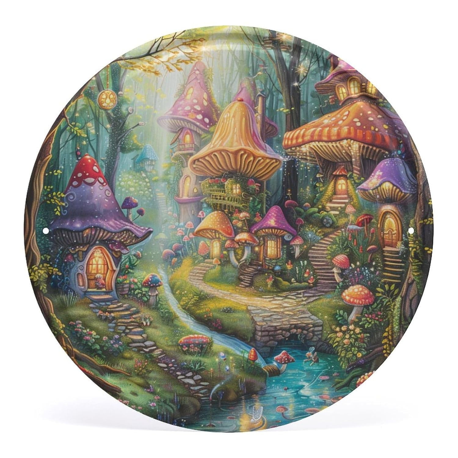 Mushroom Village Round Tin Sign Fantasy Forest Metal Retro Decor ...