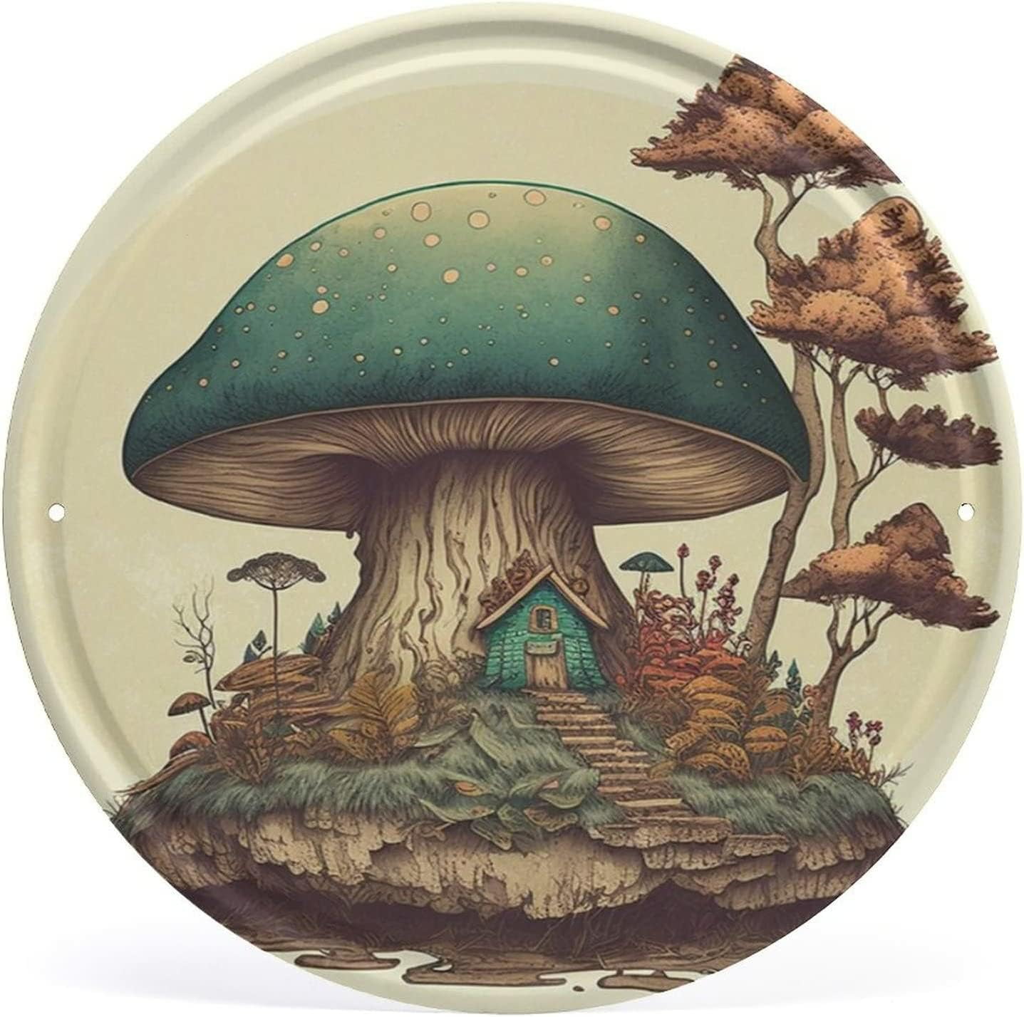Mushroom Vintage Style Round Tin Signs Wreath Metal Sign Wall Sign Wall ...