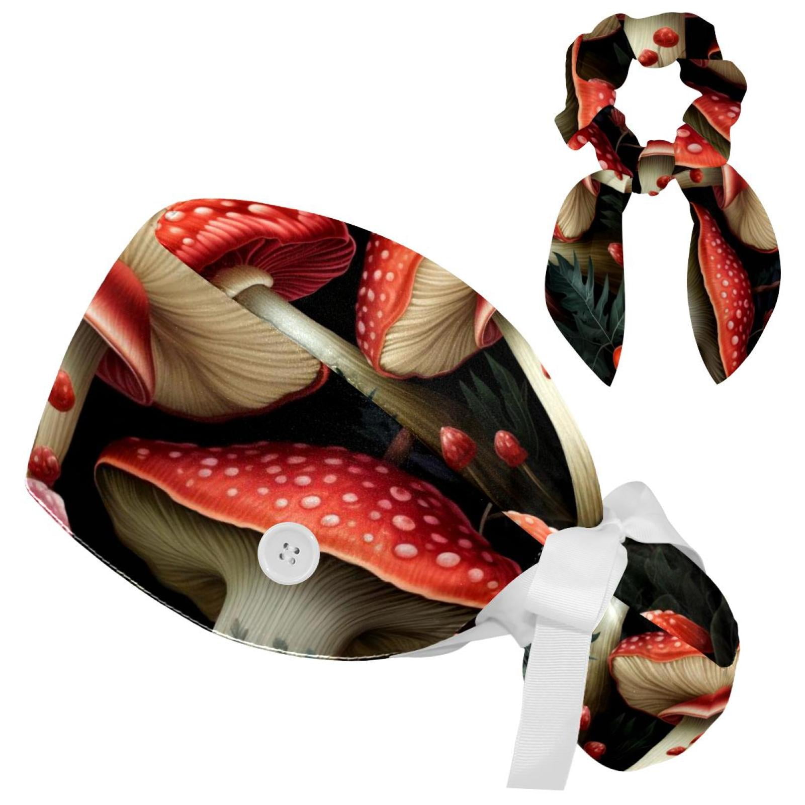 Mushroom Working Hat Adjustable Scrub Cap with Buttons and Bow Hair ...
