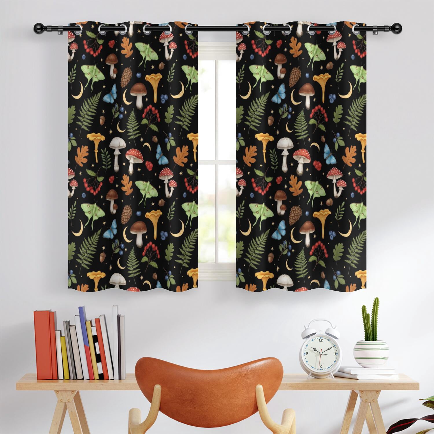 Mushroom and Butterfly Black Pattern Blackout Curtains,Triple Weaved ...