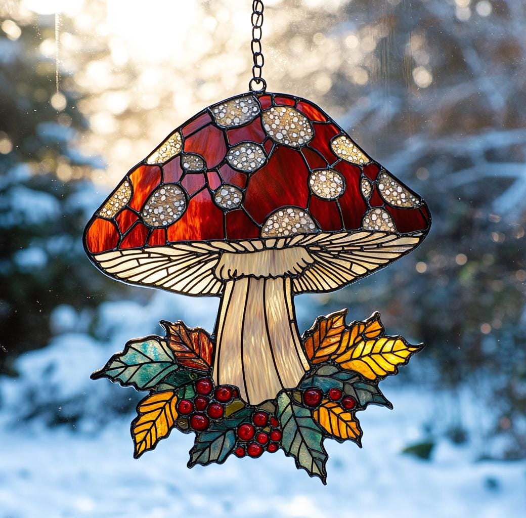 Mushroom and Crescent Moon Suncatcher, Faux Stained Glass Window ...