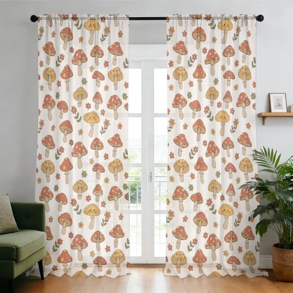 Mushroom and Flower White Pattern Sheer Curtains, Sheer Curtain Panels ...