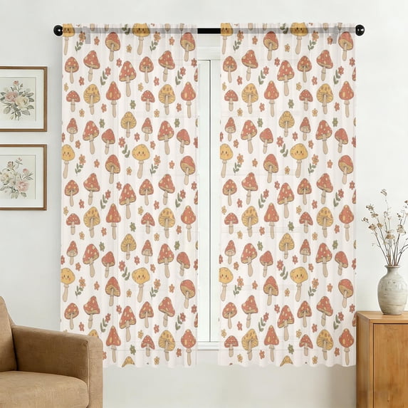 Mushroom and Flower White Pattern Sheer Curtains, Voile Drapes with ...
