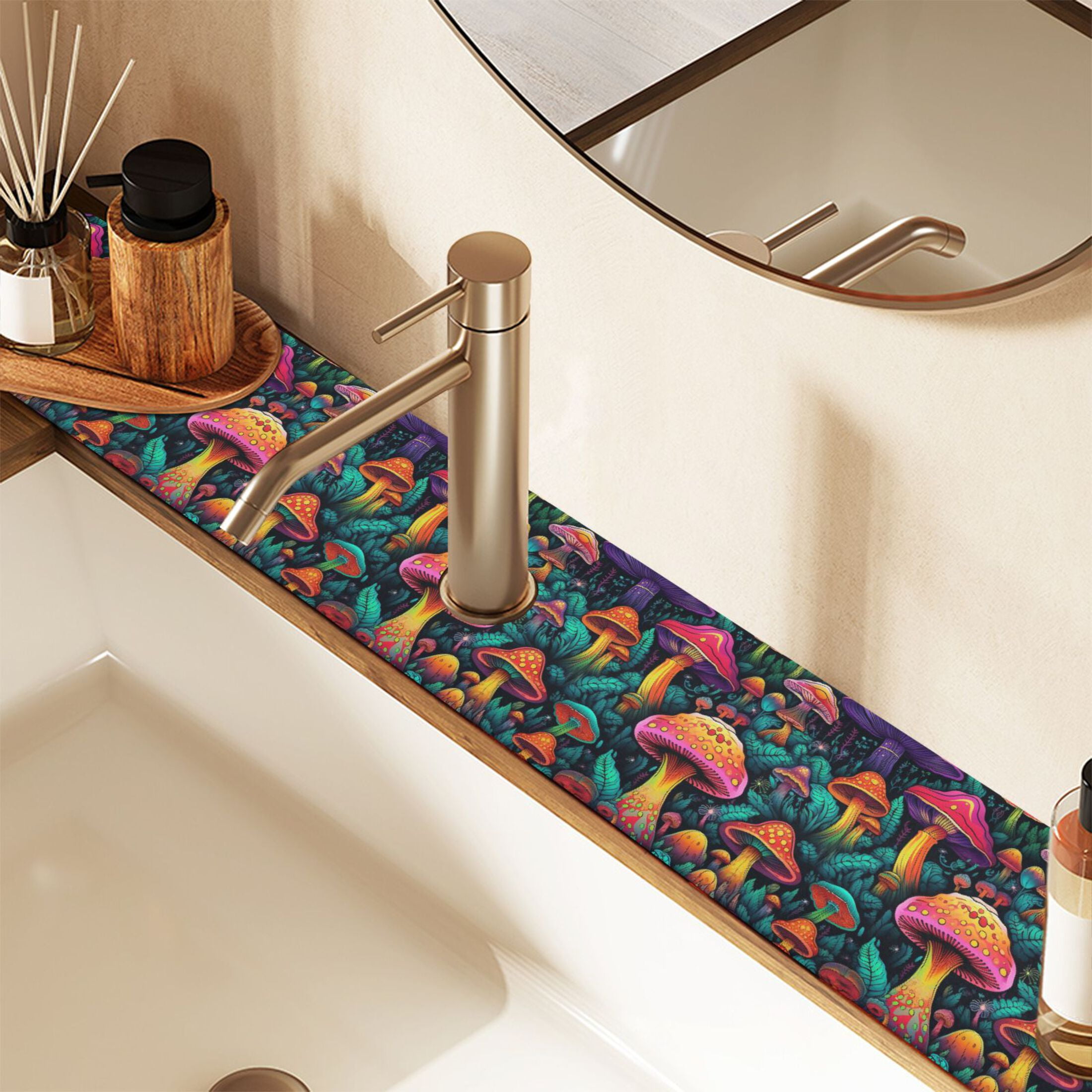 Mushroom and Leaves Faucet Mat for Kitchen Sink 30'' Sink Splash Guard ...