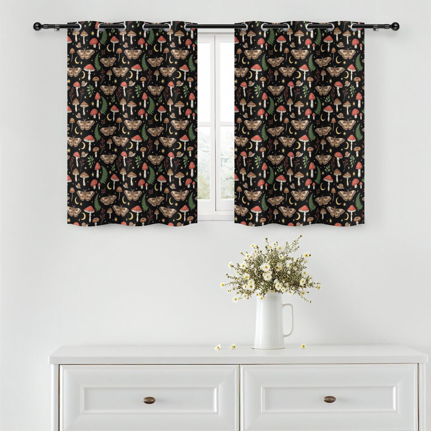 Mushroom and Moth Black Pattern Blackout Curtains,Triple Weaved Fabric ...